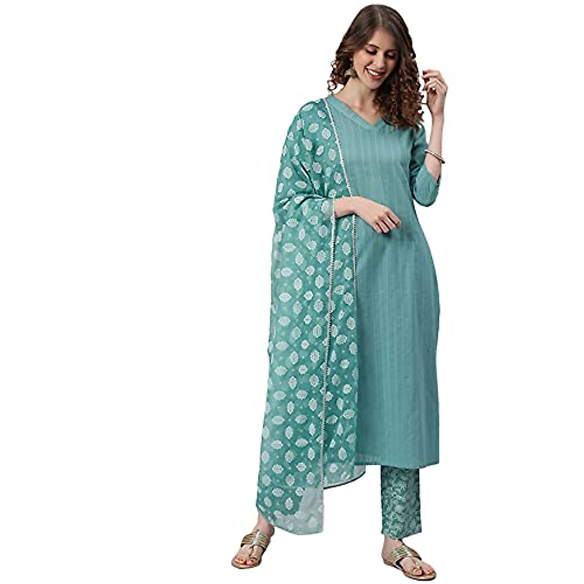 Janasya Women's Blue Cotton Kurta With Pant And Printed Dupatta