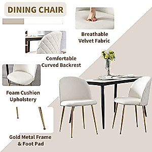 HNY White Velvet Mid Century Modern Dining Chairs Set of 4, Upholstered Accent Chairs with Gold Metal Legs, Kitchen & Dining Room Chairs Side Chairs for Living Room, Cream