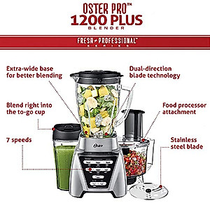 Oster Blender | Pro 1200 with Glass Jar, 24-Ounce Smoothie Cup and Food Processor Attachment, Brushed Nickel - BLSTMB-CBF-000