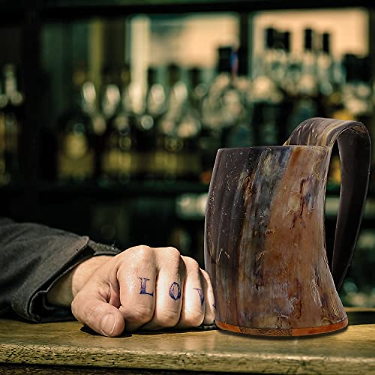 Eleet Original Viking Drinking Horn Mug - 20 Oz Wood Base Extra Large Medieval Inspired Cup Unpolished Natural & Real Horn Tankard (20 Oz Jumbo Unpolished)