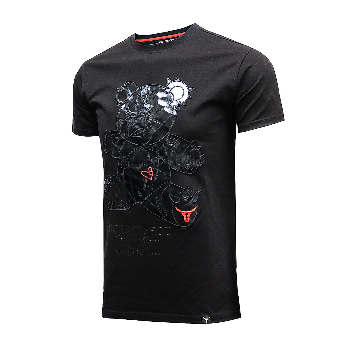 SCREENSHOT-S11113 Mens Hip-Hop Ultra Premium Quality Tee - Shiny Cartoon Teddy Bear Patch Embroidery Gel Print T-Shirt-Black/Black-Large