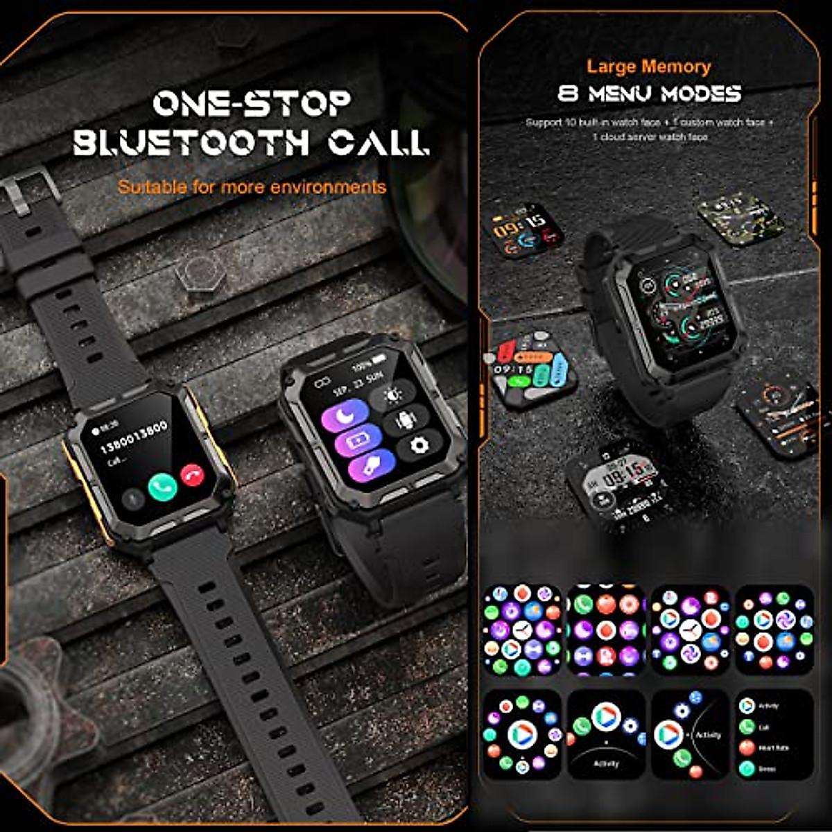 Military Smart Watches for Men IP68 Waterproof Bluetooth Call(Answer/Dial Calls) 1.83'' Tactical Outdoor Sports Fitness Watch Tracker with Blood Pressure Heart Rate Monitor for Android iOS (Black)