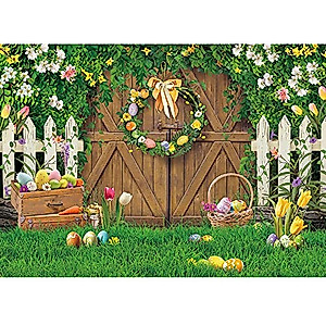 Maijoeyy 7x5ft Spring Easter Backdrop Wood Barn Door Green Grass Easter Photoshoot Background Easter Backdrops for Photography Spring Flowers Easter Photo Backdrop for Kids Easter Party