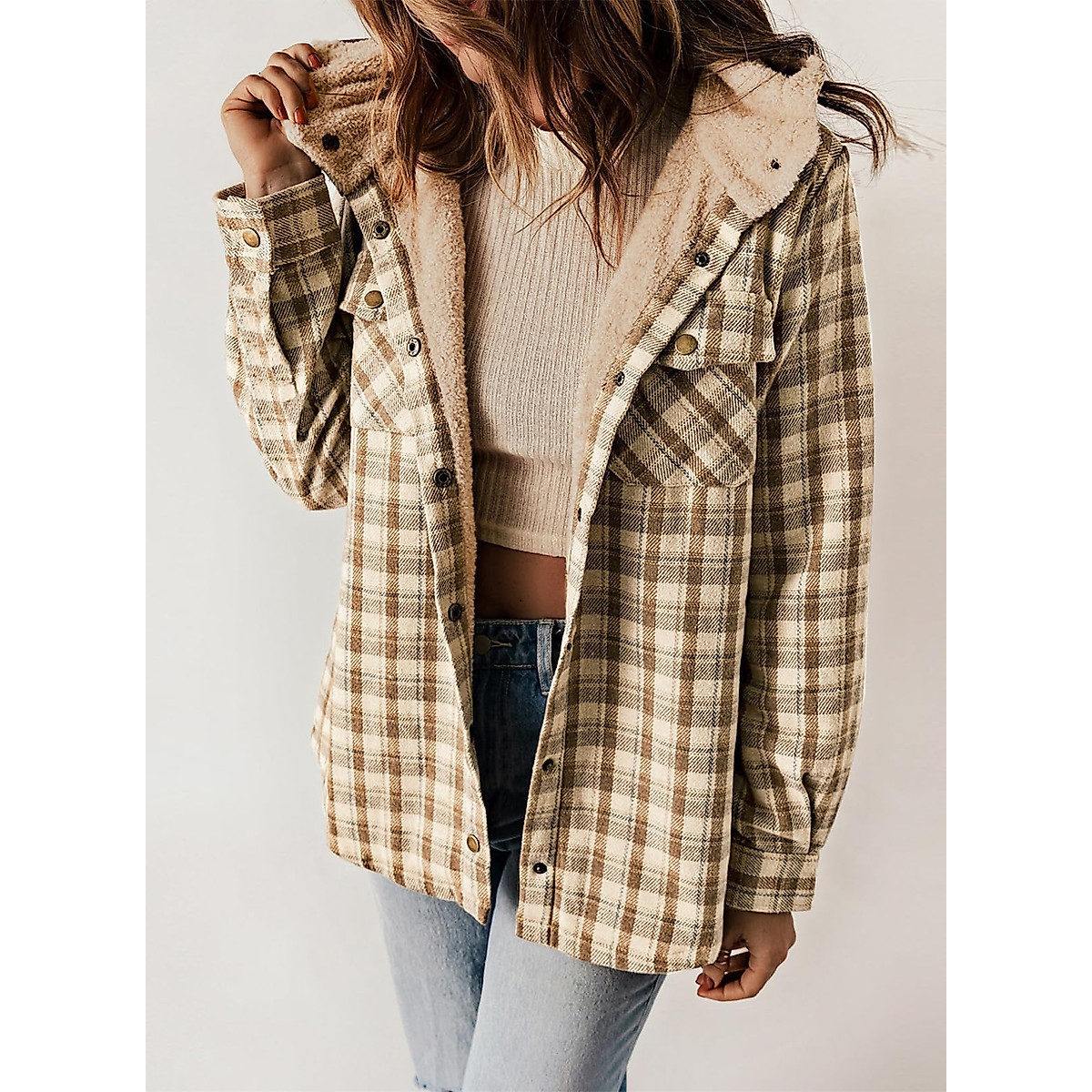 Dokotoo Shacket Jacket Women Fashion Plaid Oversized Hooded Long Sleeve Flannel Shirts Button Down Sherpa Coats Pocketed Casual Winter Fall 2024 Thick Fleece Lined Oversized Outerwear Khaki L