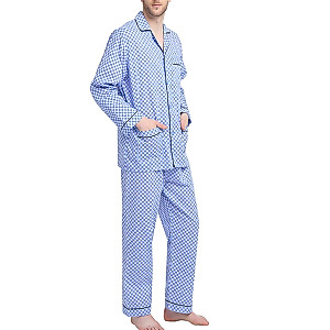GLOBAL Mens Pajamas Set, 100% Cotton Woven Drawstring Sleepwear Set with Top and Pants/Bottoms