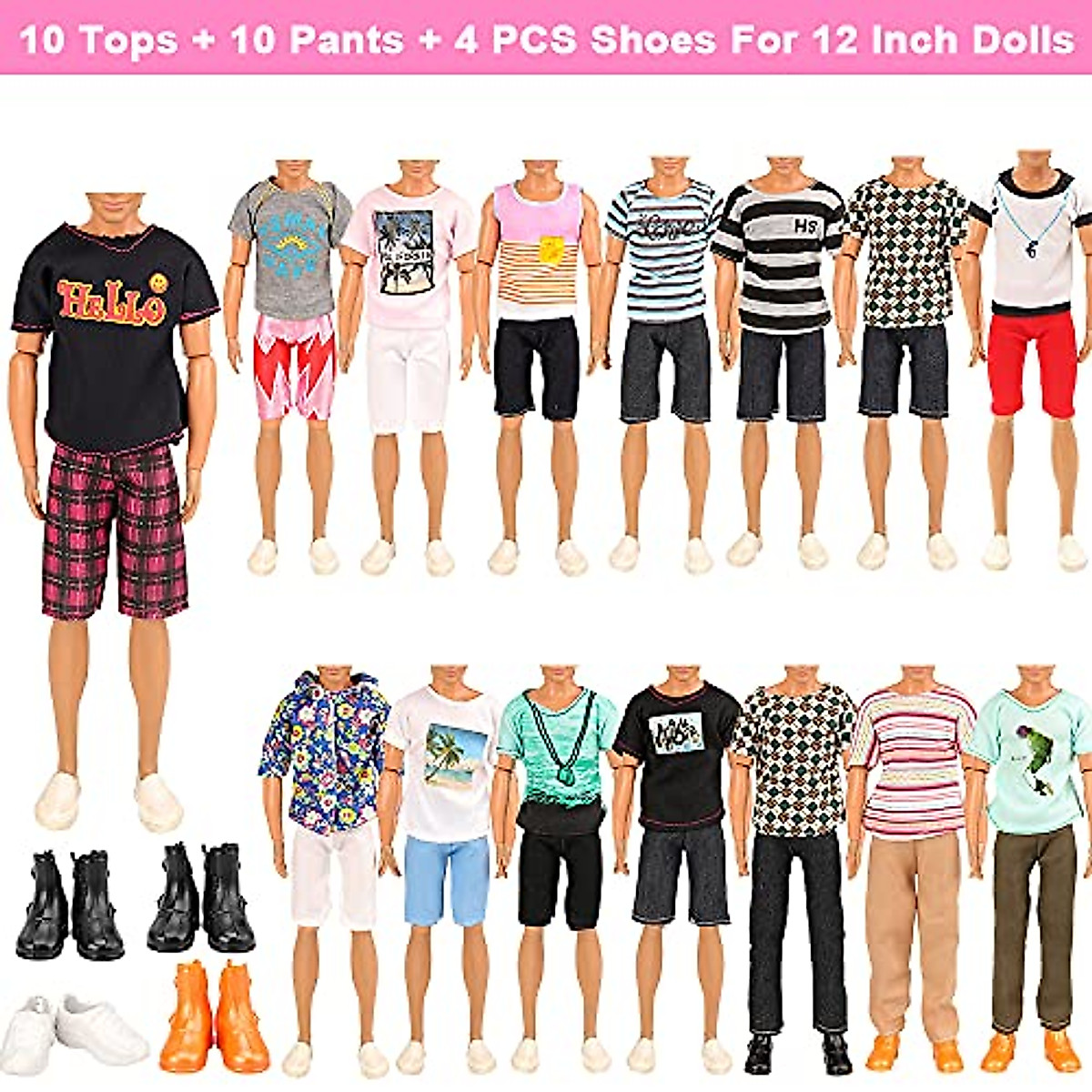 Miunana Lot 34 pcs Random Doll Clothes Shoes Set for 11.5 inch Doll, Includ 10 PCS Boy Doll Clothes + 5 Girl Clothes + 5 Girl Fashion Skirts + 4 Pairs for Boy Shoes + 10 Pairs of Girl Doll Shoes