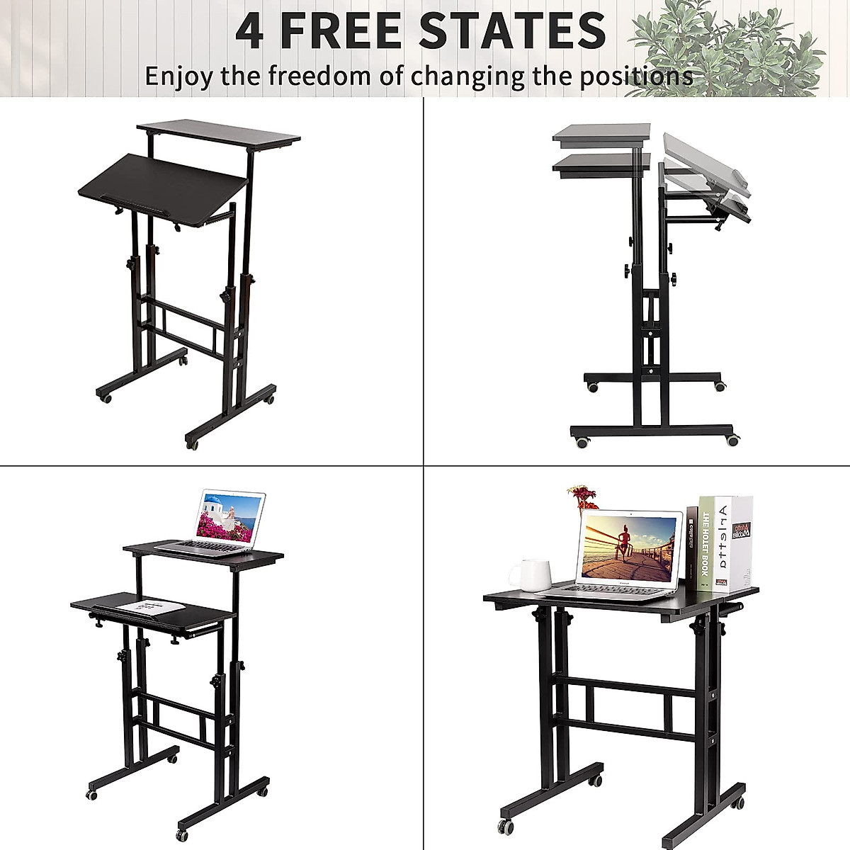 SIDUCAL Mobile Stand Up Desk, Adjustable Laptop Desk with Wheels Home Office Workstation, Rolling Desk Laptop Cart for Standing or Sitting, Black