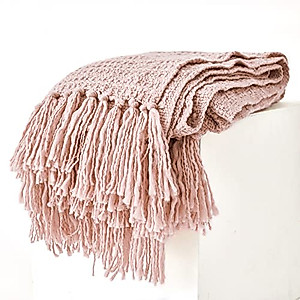 PANDATEX Thick Chunky Pink Knitted Throw Blanket for Couch Chair Sofa Bed, Chic Boho Style Textured Basket Weave Pattern Blanket with Decorative Fringe, 50"x60"