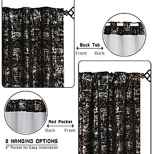Lecloud Snow 100% Blackout Velvet Curtains 84 Inches Length 2 Panels，Gold Foil Printed Thermal Insulated Energy Saving Drapes for Living Room, Noise Reducing Black Curtain for Bedroom, 52" Wx84 L