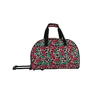 Betsey Johnson Designer Carry On Luggage Collection - Lightweight Pattern 22 Inch Duffel Bag- Weekender Overnight Business Travel Suitcase with 2- Rolling Wheels (One Size, Leopard Rose)