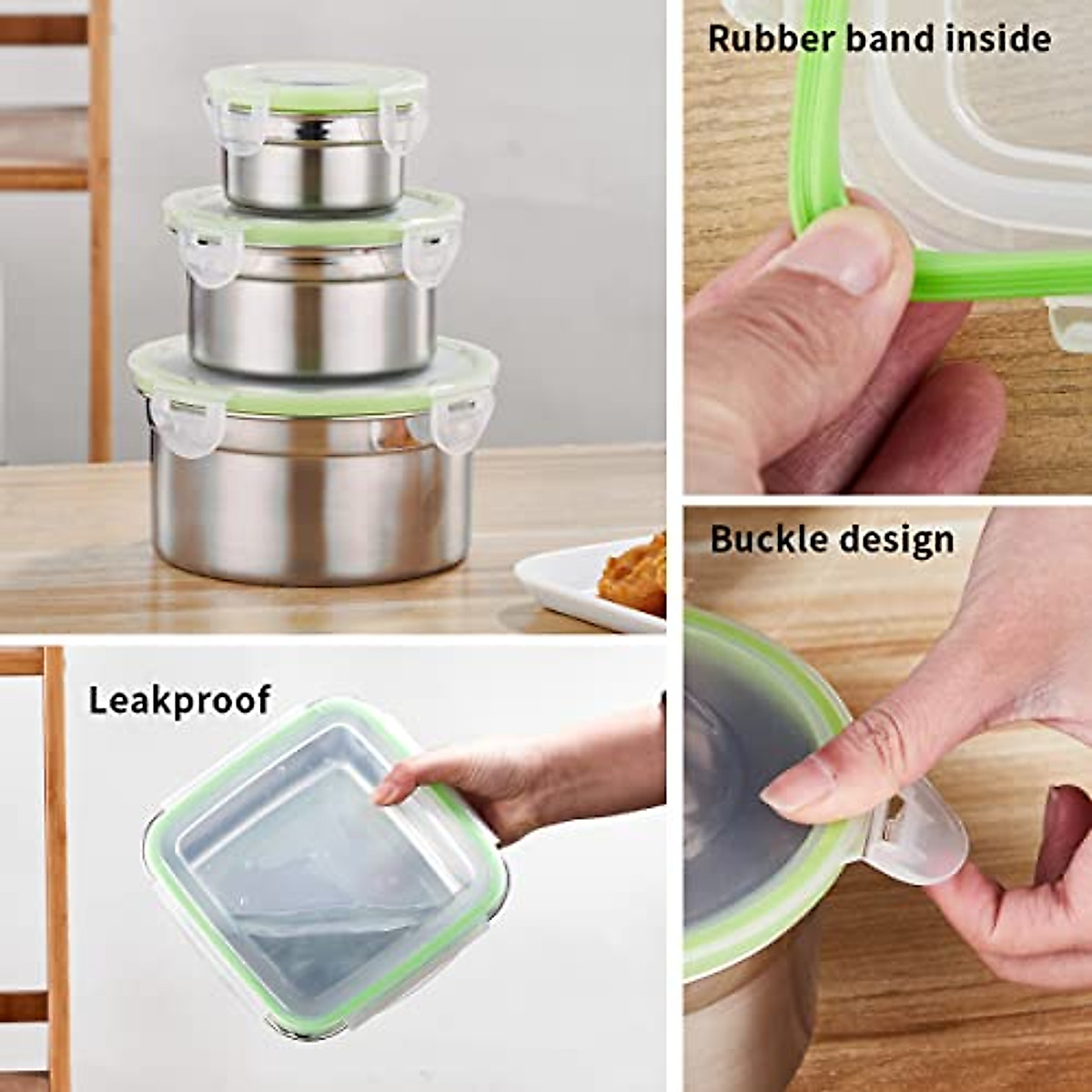 JUANALINE Stainless Steel Food Containers/Bento Lunch Box/Food Storage-Set of 4, 120ML,300ML, 600ML and 1.2L, Leakproof, BPA Free, Portion Control, LT. Green