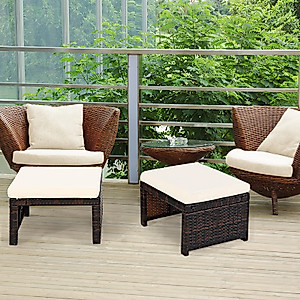 Tangkula 2 Pieces Patio Rattan Ottomans, All Weather Outdoor Footstool Footrest Seat with Soft Cushion, Hidden Zipper, High-Density Sponge, Wicker Ottoman Seat for Patio, Garden, Poolside (White)