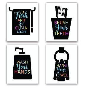 Funny Bathroom Quotes Art Print Watercolor Lettering Sign Wall Art Painting Poster, Bathroom Canvas Wall Art Printing, For Kids Washroom Decor, Black silhouette design, Set of 4 (8”X10”), No Frame