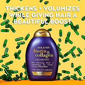OGX Thick & Full + Biotin & Collagen Volumizing Shampoo for Thin Hair, Thickening Shampoo with Vitamin B7 & Hydrolyzed Wheat Protein, Paraben-Free, Sulfate-Free Surfactants, 13 fl oz
