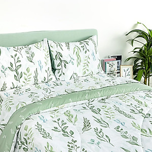 DILIMI Twin Comforter Set for Girls, Reversible 5 Pieces Comforter Twin Size Bed, Green Leaf Ultra Soft Twin Bedding Sets with Comforter, Flat Sheet, Fitted Sheet, 2 Pillowcase