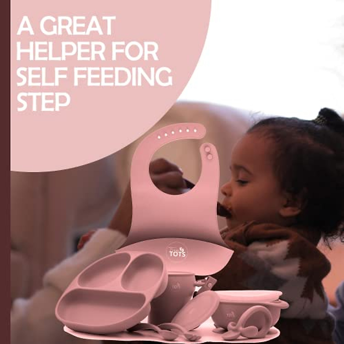 Tiny Tots - Baby Led Weaning Supplies - Feeding Essentials - Baby suction paltes & supplies: Bib, Suction Bowl & Suction Plate, Collapsible Cup, and Utensils - Easy to use feeding set (Pink)