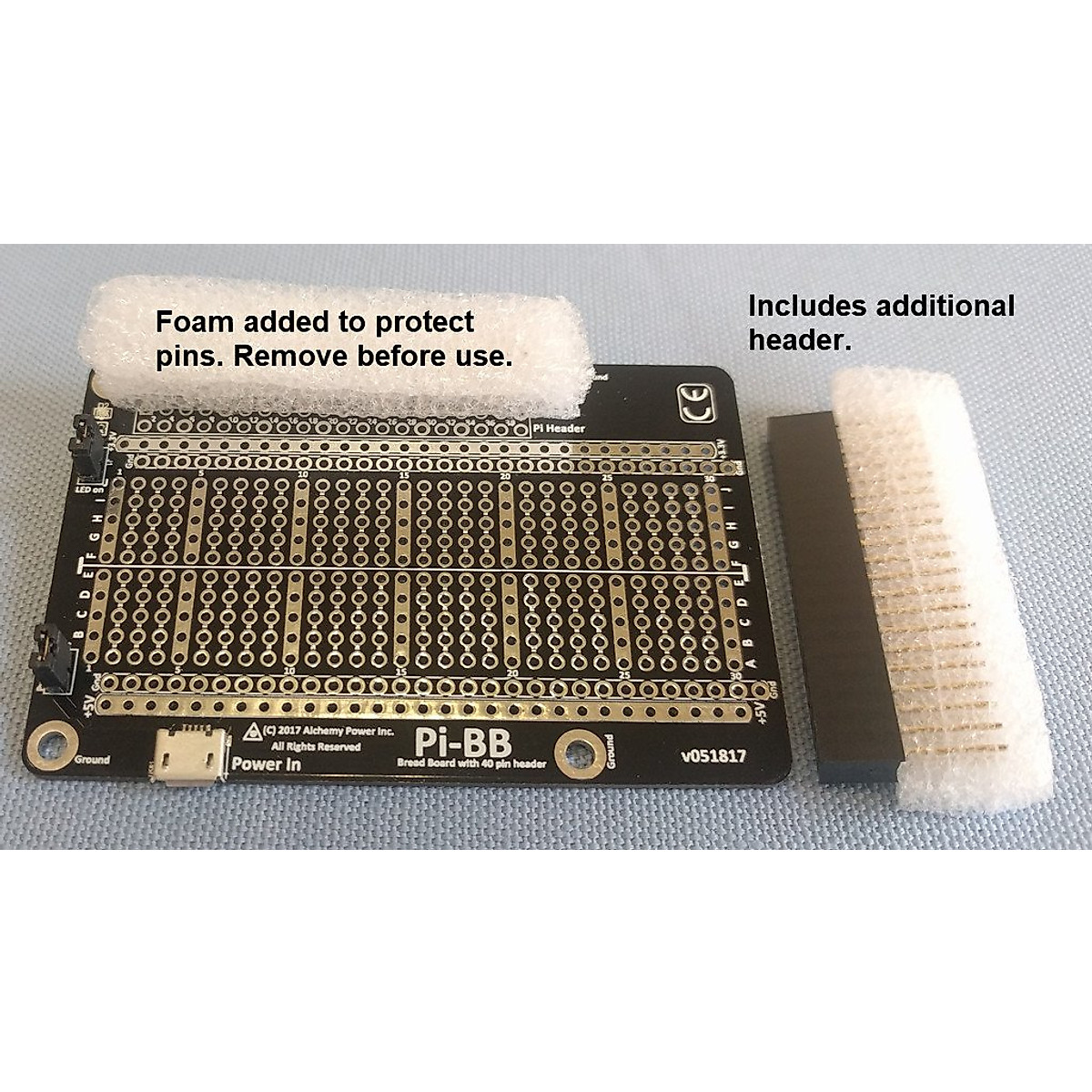 Alchemy Power Inc. Pi-BB - Half-Size Double Sided Powered breadboard, USB Powered with a 40 pin Header soldered. Powers a Raspberry Pi or just The Bread Board.