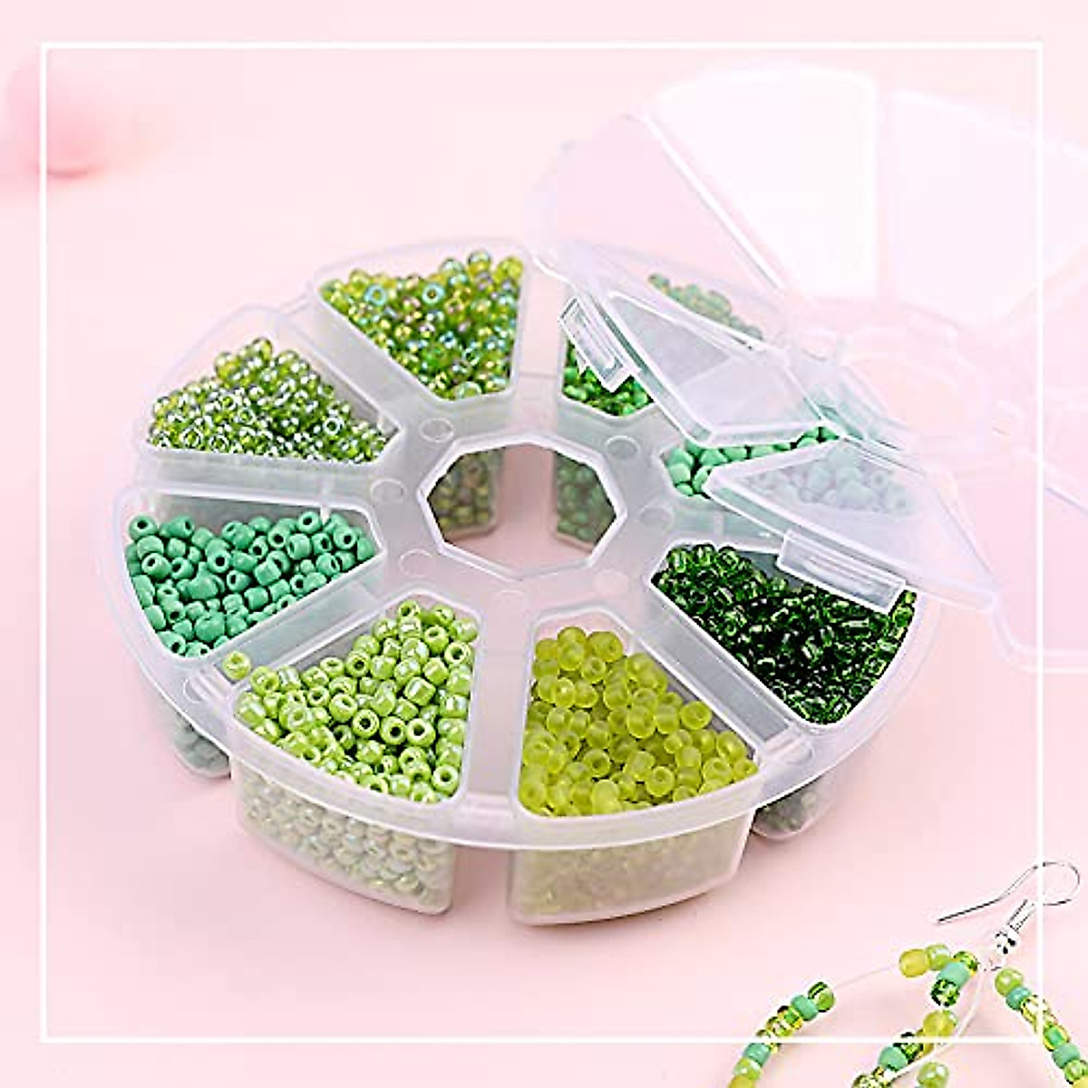3600 Pcs Glass Seed Beads, 3mm 8/0 Bracelet Beads Set, Assorted Glass Beads with 8-Grid Plastic Storage Box, Small Round Beads for Jewelry Making - Green Series