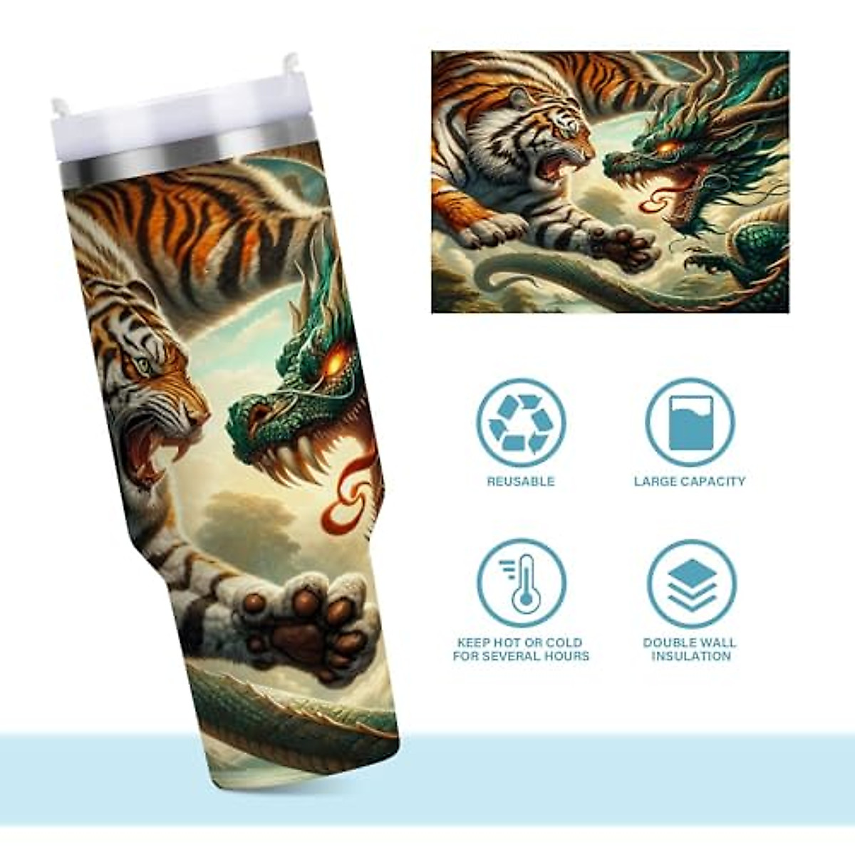 Maunzc 30 oz Tumbler with Handle and Straw, Insulated Stainless Steel Travel Mug with Lid for Coffee, Iced Tea, Water, Gift for Men Women (Tiger and Dragon Doing Battle)