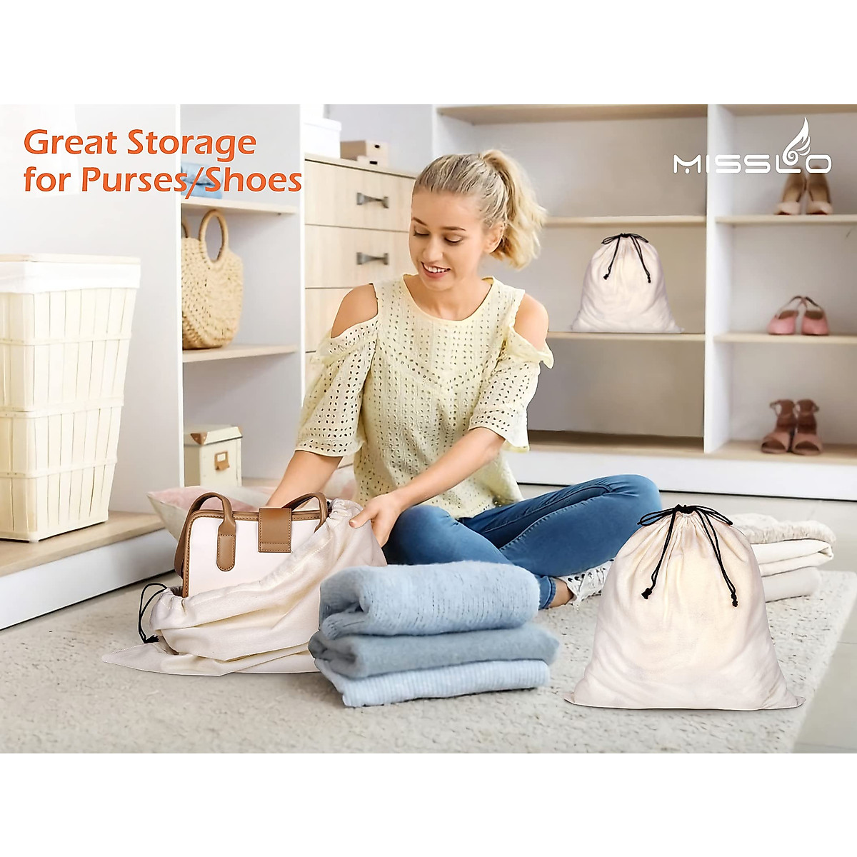 MISSLO Cotton Breathable Dust-proof Drawstring Storage Pouch Bag (Pack 3 M)