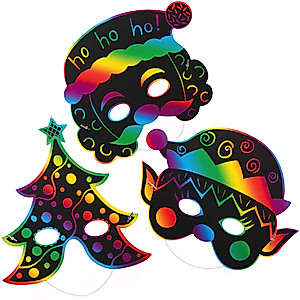 Baker Ross AX561 Christmas Scratch Art Masks for Dress Up Play - Pack of 8, Magic Scratch Art and Craft Kits for Kids Xmas Eve Activities