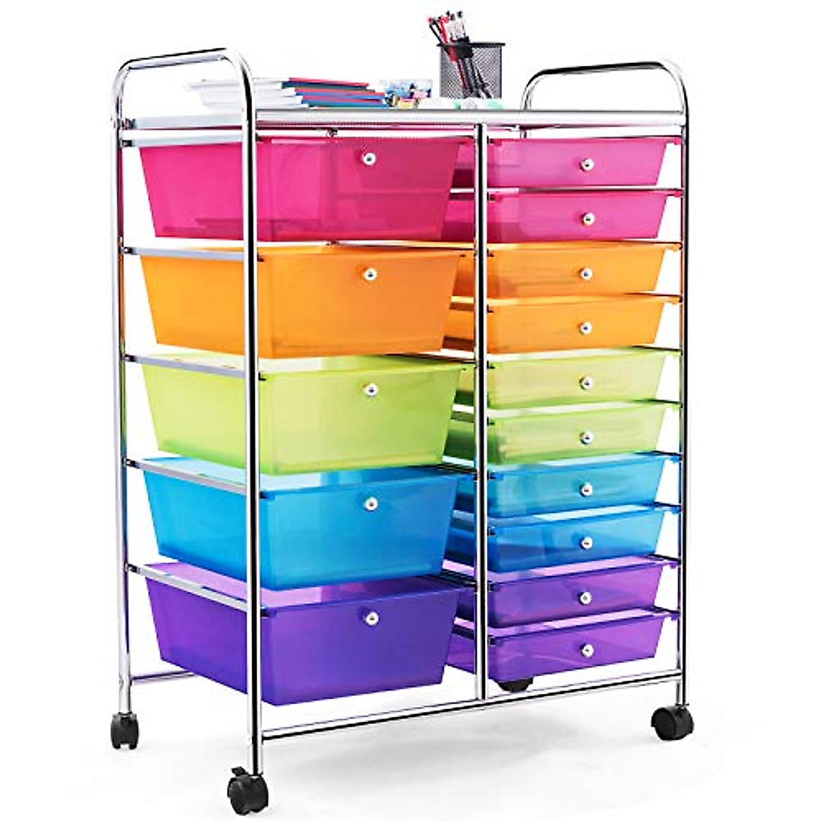 HAPPYGRILL 15 Drawer Storage Drawer Cart Organizer Cart Tools Office School Utility Cart Paper Organizer Rolling Storage Cart with Wheels