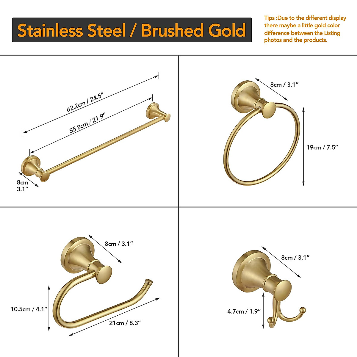 BESy Brushed Gold 4 Piece Bathroom Accessories Set (Single Towel Bar, Towel Ring, Toilet Paper Holder, Double Towel Hooks), Wall Mounted Bath Hardware Accessory Fixtures Set