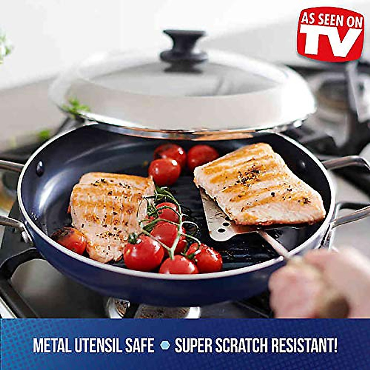 Blue Diamond Grill Genie Pan - Ceramic Nonstick 11-Inch Covered in Blue