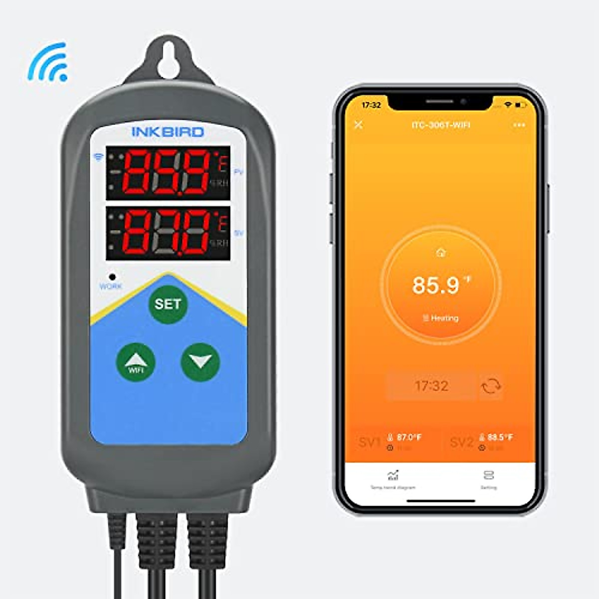 Inkbird Temperature Controller ITC-306T WiFi Heat Lamp Thermostat Reptile Temperature Controlled Outlet for Heat Mat Fermentation,1200W,10A.