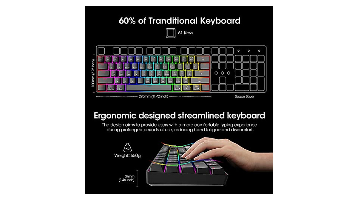 KOORUI 60% Gaming Keyboards, 61 Keys Wired Ultra-Compact Mechanical ...