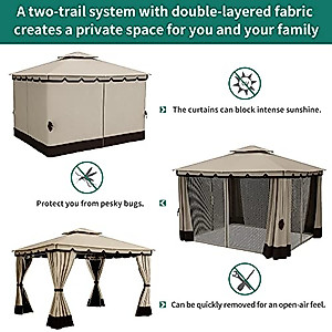 YITAHOME 10x12ft Gazebo for Patios Outdoor Double Roof Canopy Gazebo with Netting & Curtains, Soft Fabric Top Garden Winds Tent with Steel Frame for Lawn, Garden, Backyard and Deck (Khaki)