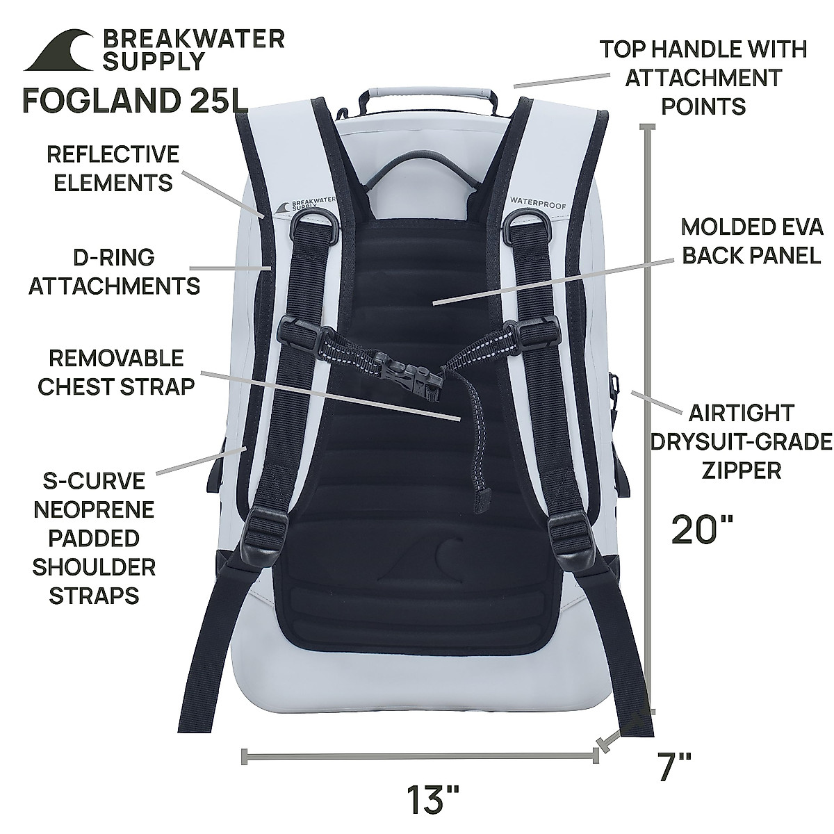 Breakwater Supply™ Fogland Waterproof Submersible Backpack with Laptop Sleeve & Airtight Zippers for Outdoors, Travel, Boating, Kayaking, Surfing, Floating Dry Bag, Unisex, TPU (Fog White, 25L)