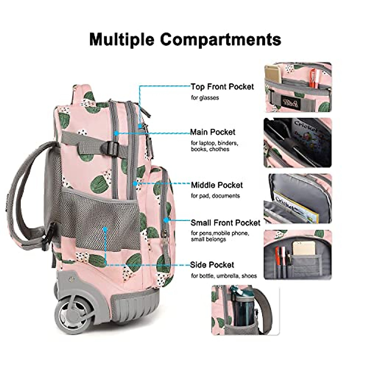 Tilami Rolling Backpack 19 inch with Lunch Bag Wheeled Laptop Backpack (Cactus)