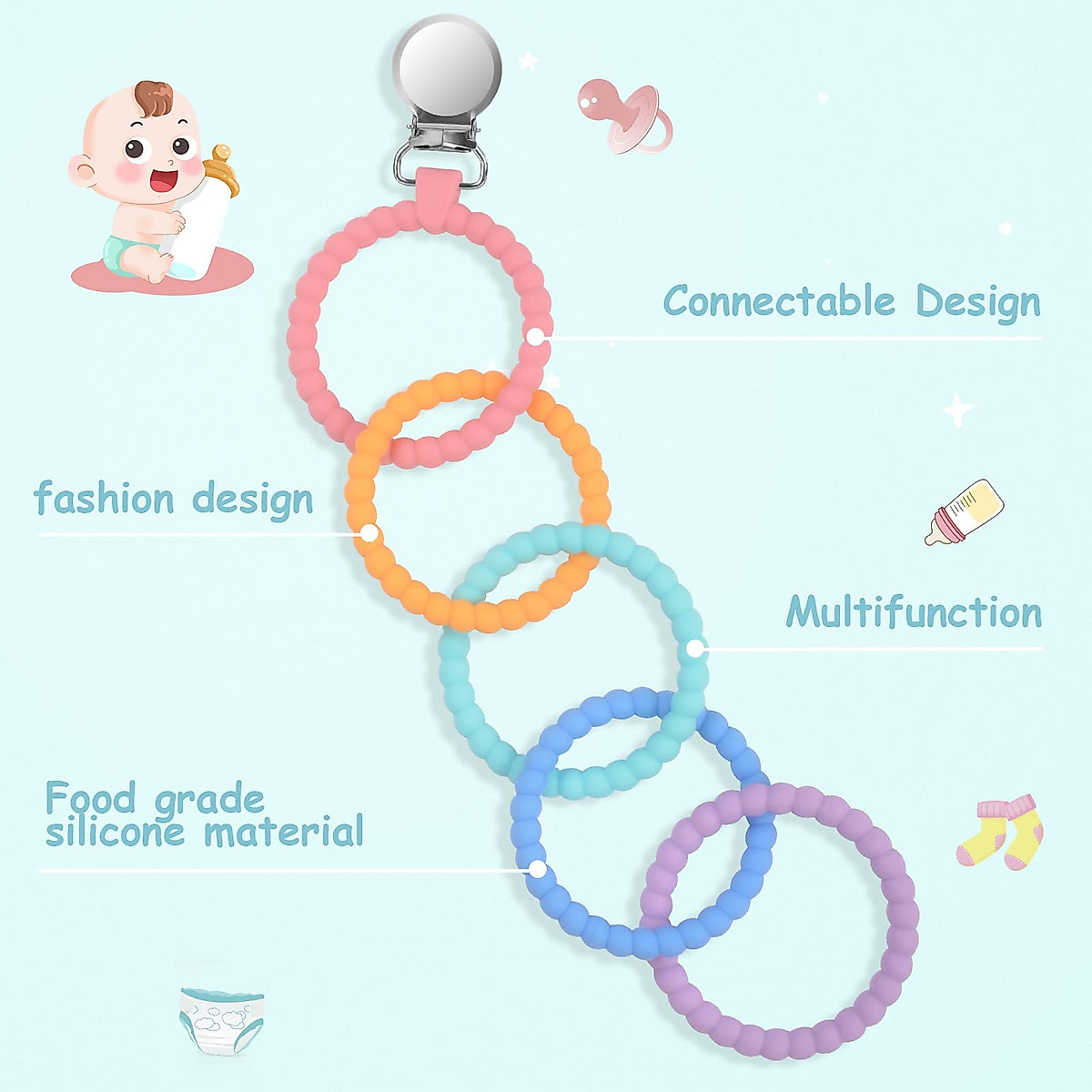 Vicloon Silicone Baby Teether Linking Rings,Silicone Teether Toy for Baby,Baby Toy Rings with Pacifier Clip,Attachable Teether Chew Toy for 3-6 Months,Baby Toy Rings Links for Stroller&Activity