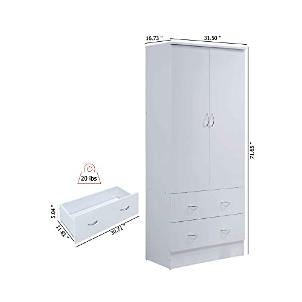 HODEDAH IMPORT Two Door Wardrobe, with Two Drawers, and Hanging Rod, White.