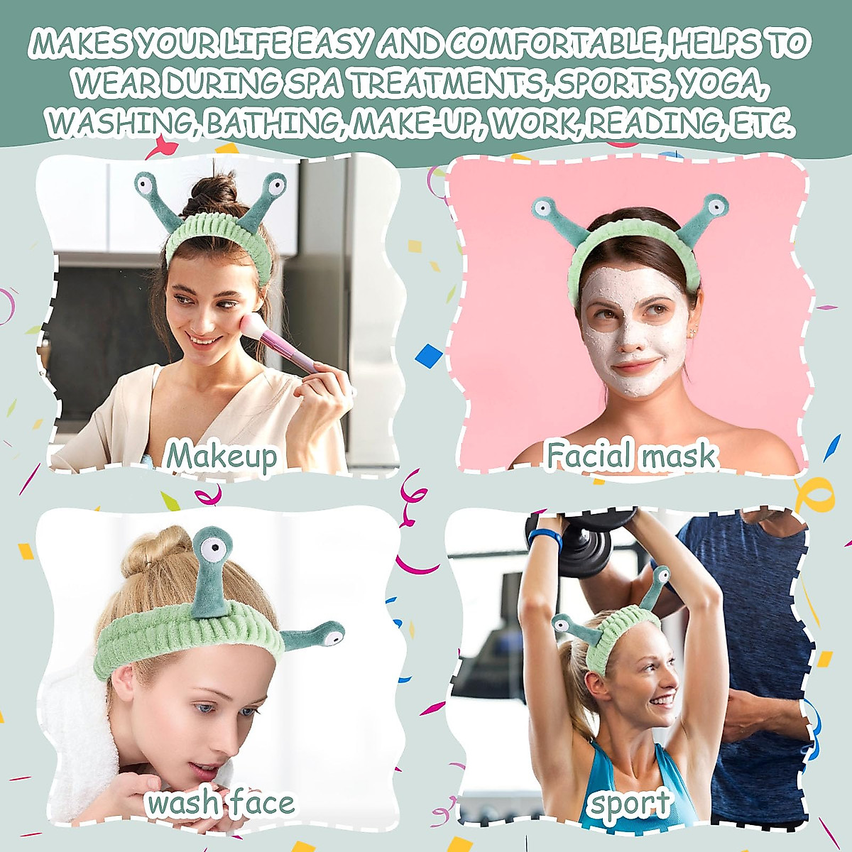 Face Wash Headband, Palm and Snail Spa Hair Bands Makeup Headbands Women Cartoon Cute Coral Fleece Elastic Headband Creative Hair Accessories for Washing Face Shower Sports Beauty Skincare