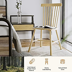 IKIFLY Solid Wood Dining Chairs Set of 2, Mid Century Modern Wooden Dining Room Chairs, Windsor Chairs Rubberwood Side Chairs for Kitchen, Dining Room - Natural