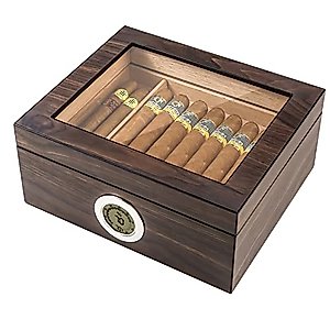 Flauno Desktop Cigar Humidor, Cedar Wood Humidor Cigar Box with Digital Hygrometer, Humidifier, Tray and Dividers, Holds 25-50 Cigars, Walnut Finish