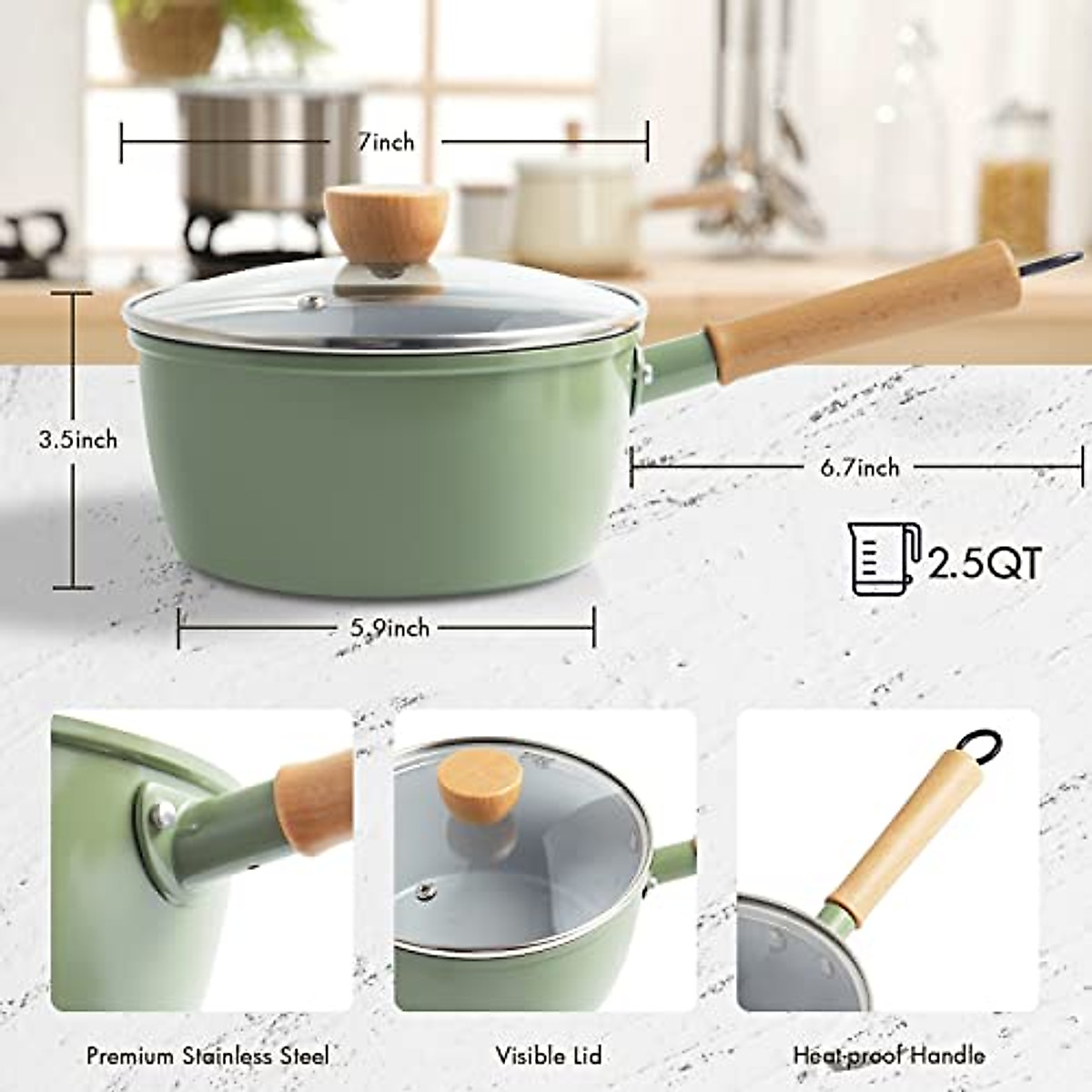 ROCKURWOK Ceramic Nonstick Sauce Pan, 2.2 Quart Cooking Pot, Small Saucepan with Lid, PTFE & PFAS-Free, Wooden Handle for Cool Touch, Universal Base(Gas, Electric & Induction), Green