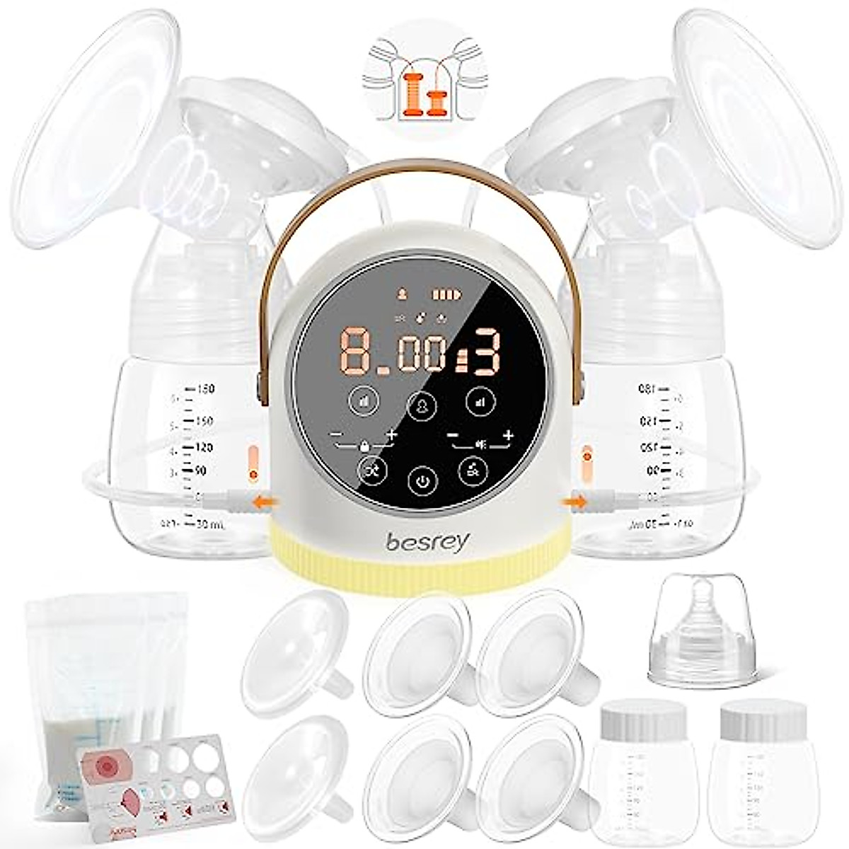 Besrey Double Electric Breast Pump: 200% EFFICIENT with Double Pump & Double Valve, 3 Modes 9 Levels, Memory Function, 10 Breastmilk Storage Bags & 21mm/24mm Flanges Breastfeeding Pump