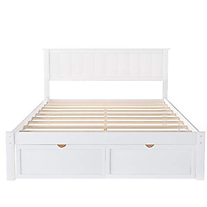 Modern Solid Wooden Platform Bed with Large Drawer Low Bed Frame with Headboard, No Box Spring Needed/Easy Assembly, Full White