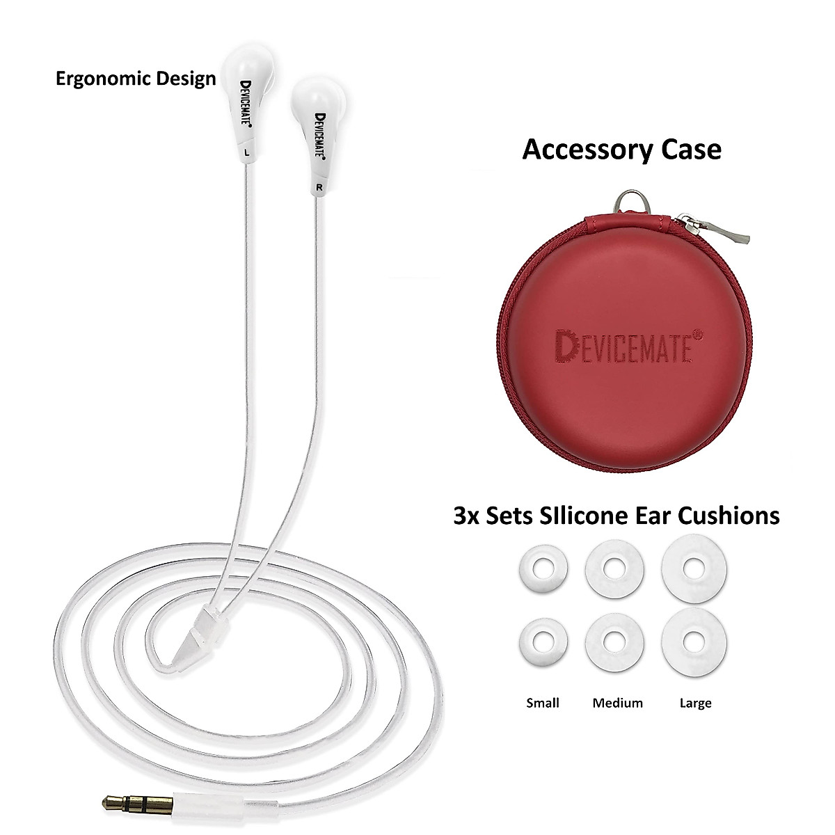DEVICEMATE in-Ear Wired Earbuds Durable Earphones Headphones_Best Ear Buds Ear Phones for Cellphone Smartphone Tablet MP3 MP4 CD DVD Player Laptop Notebook PC Computer. No Mic. Red Case