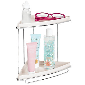 mDesign Steel/Plastic Freestanding Countertop Corner Shelf Organizer with 2-Tier Storage for Bathroom, Vanity, Cabinet, Counter - Holds Makeup, Bath Gel - Prism Collection - Cream