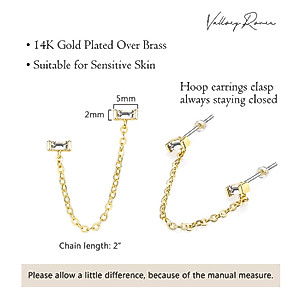 Valloey Rover Women 14K Gold Chain Earrings,Stud With Chain And Cartilage Hugging Cuff Double Bar Ear Jacket Minimalist earrings For Lady Women Band(gold-chain)