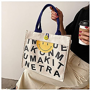 ROUGH & RAW, Tote Bag with Letter Smile Colorful Straps Shoulder Bag Canvas Single Shoulder Smile Face Bag Women`s Handbag Shopping Bags