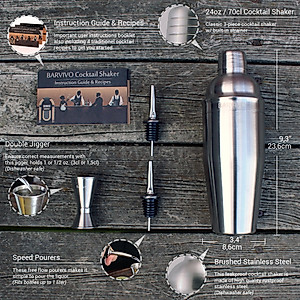 Barvivo Cocktail Shaker Set with Double Jiggers & 2 Liquor Pourers - 24oz Cocktail Set Martini Shaker Made of Brushed Stainless Steel with Cocktail Strainer - Premium Cocktail Accessories for Drinks