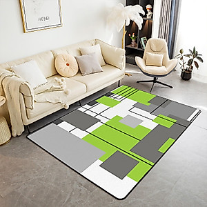 Erosebridal Lime Green Gray Geometric Carpet Black Grey White Geometry Square Area Rug 3x5 for Kids Boys Girls Abstract Striped Rug Simple Lines Modern Non Shedding Decorative Rug