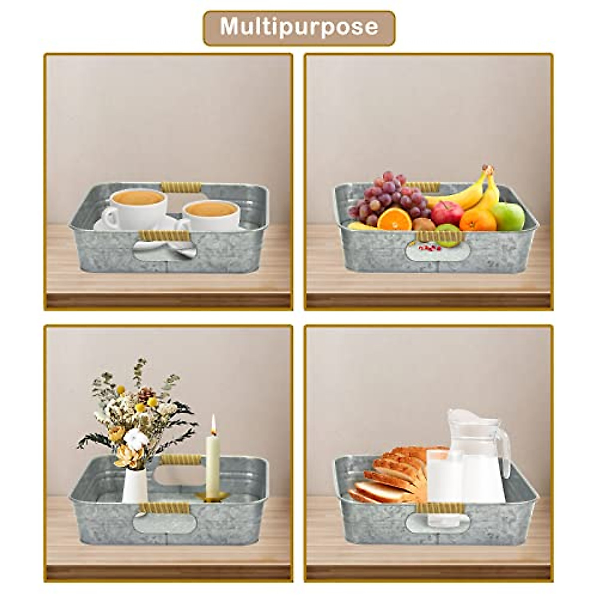 Farmhouse Tray for Coffee Table – Beautiful Galvanized Tray Decor, 12"x12" Galvanized Coffee Table Tray Decor, Galvanized Serving Tray with Handles for Your Home (Set of 2,Galvanized)