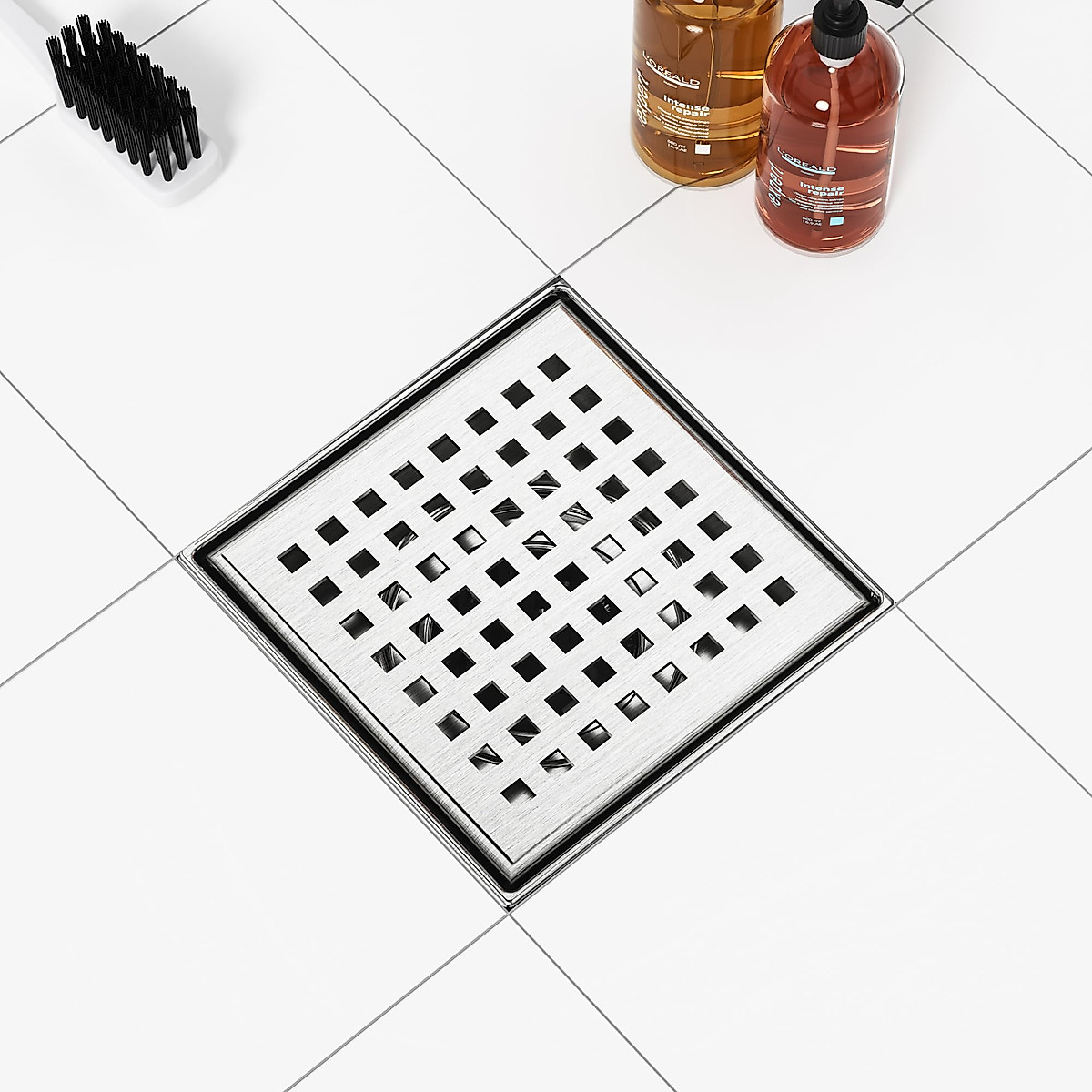 Neodrain 4-Inch Square Shower Drain with Removable Quadrato Pattern Grate, PVC Shower Drain Base and Rubber Gasket for Bathroom Floor Drain, Brushed 304 Stainless Steel, Includes Hair Strainer