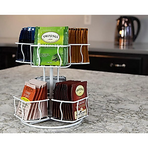 Nifty Tea Bag Spinning Carousel – 6 Compartments, Up to 60 Tea Bags Storage, Spins 360-Degrees, Lazy Susan Platform, Modern White Design, Home or Office Kitchen Counter Organizer